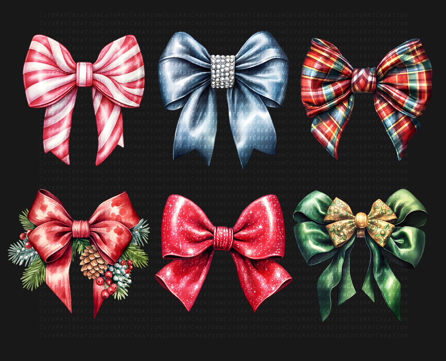 12 Christmas Bows Clipart, Watercolor Bows, Quality Pattern Bow Art ...