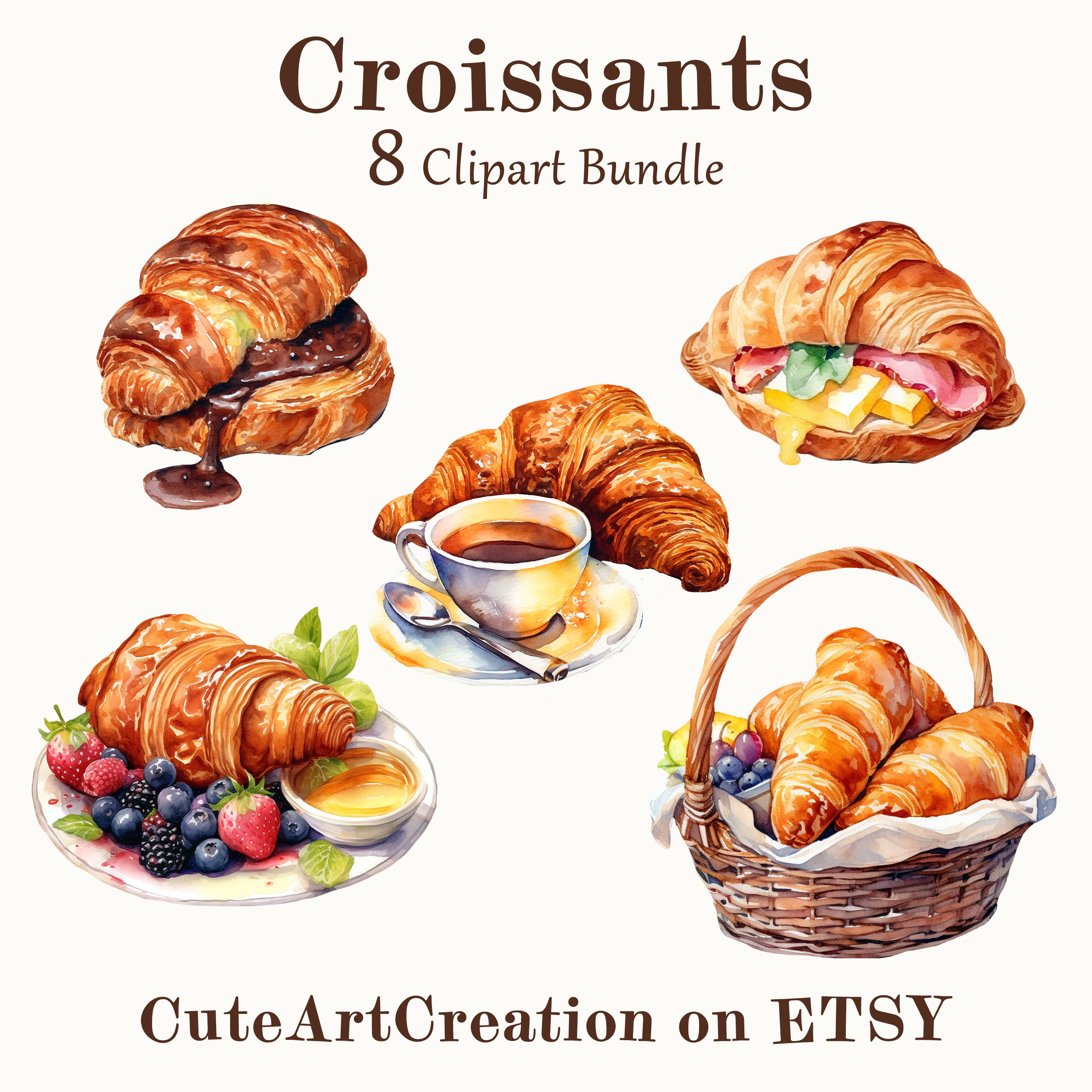 8 Croissant Clipart, Watercolor Croissant, French Croissant Art ...