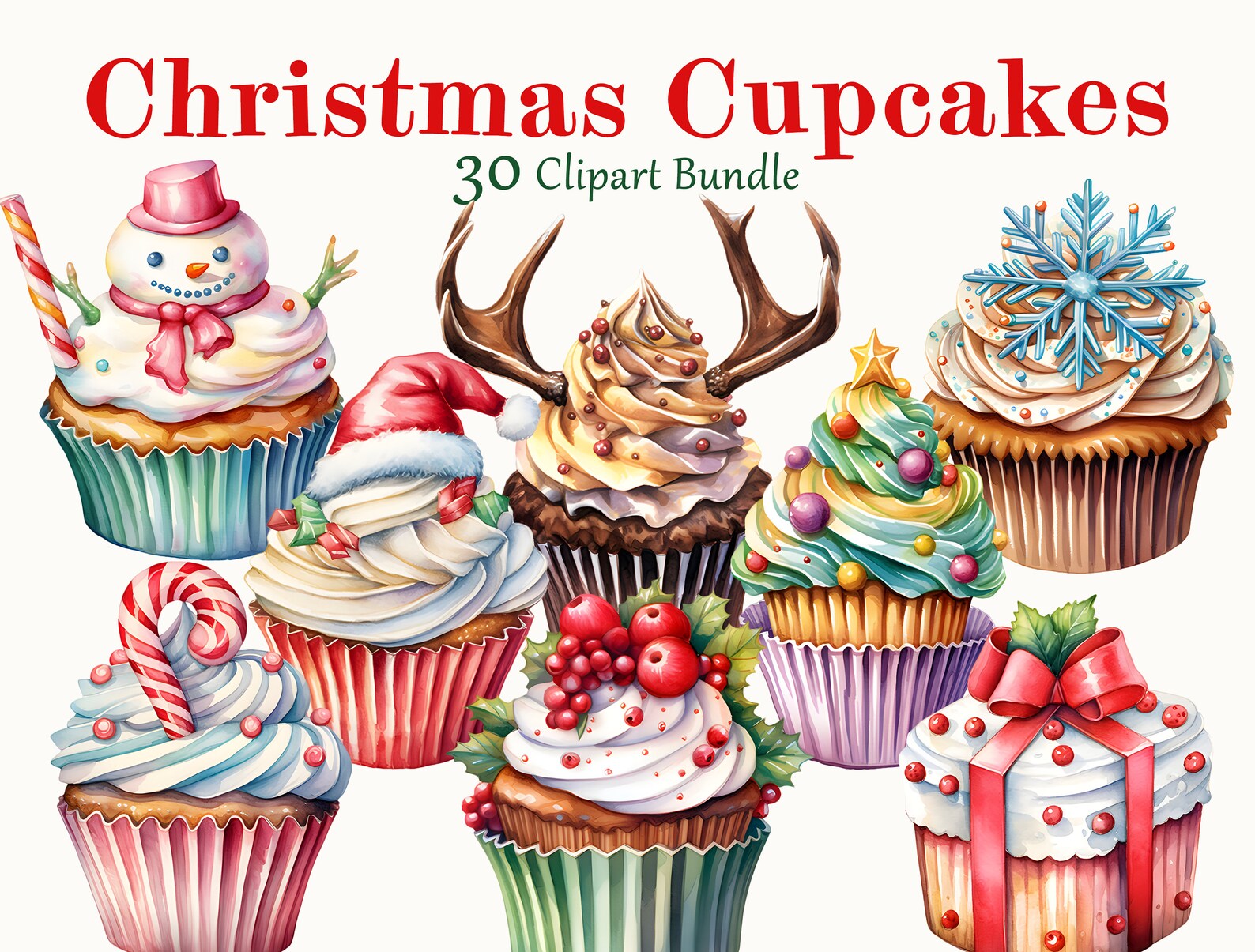 30 Christmas Cupcakes Clipart Watercolor Cupcake Art Winter - Etsy