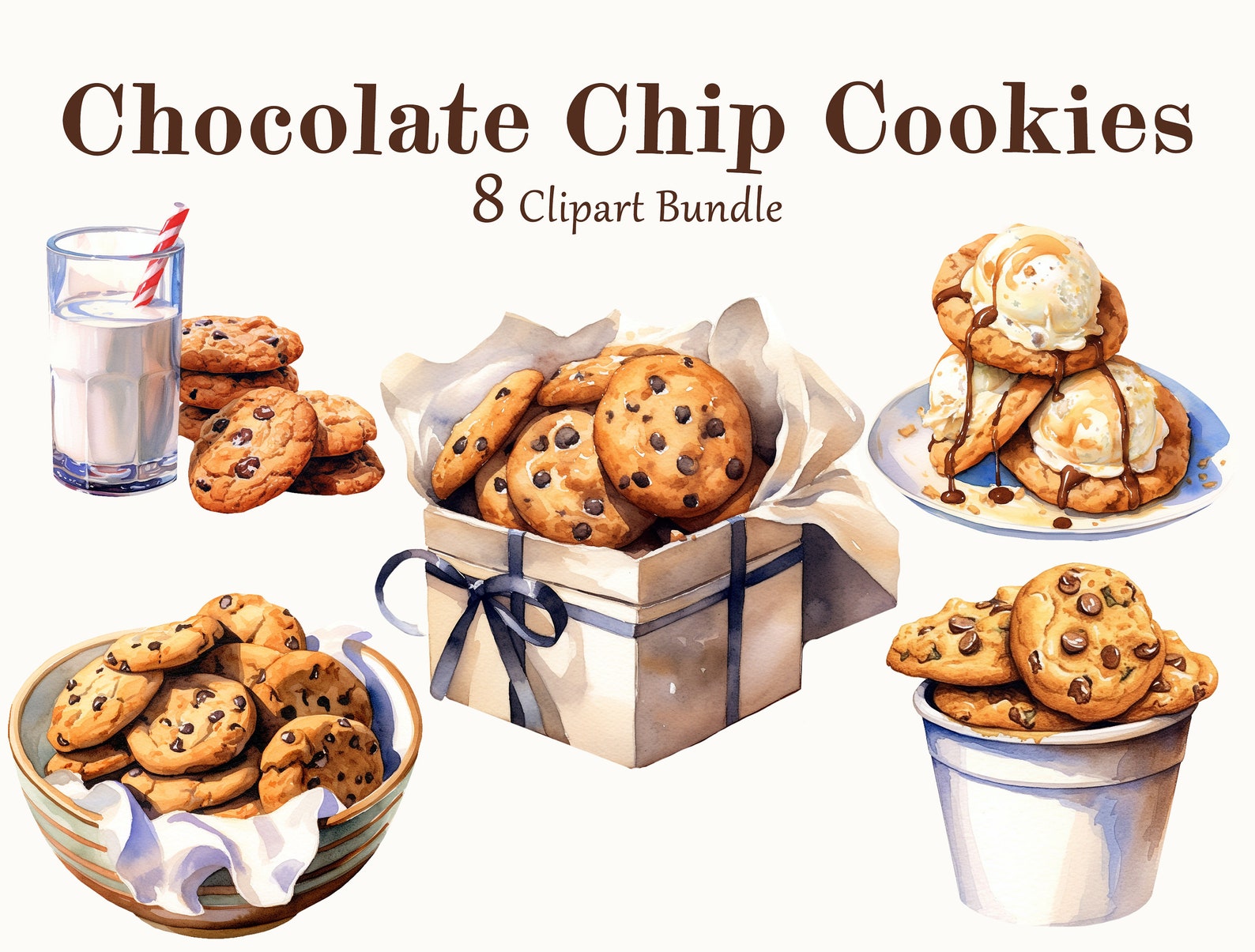 10 Chocolate Chip Cookies Clipart Watercolor Cookies Cookie - Etsy