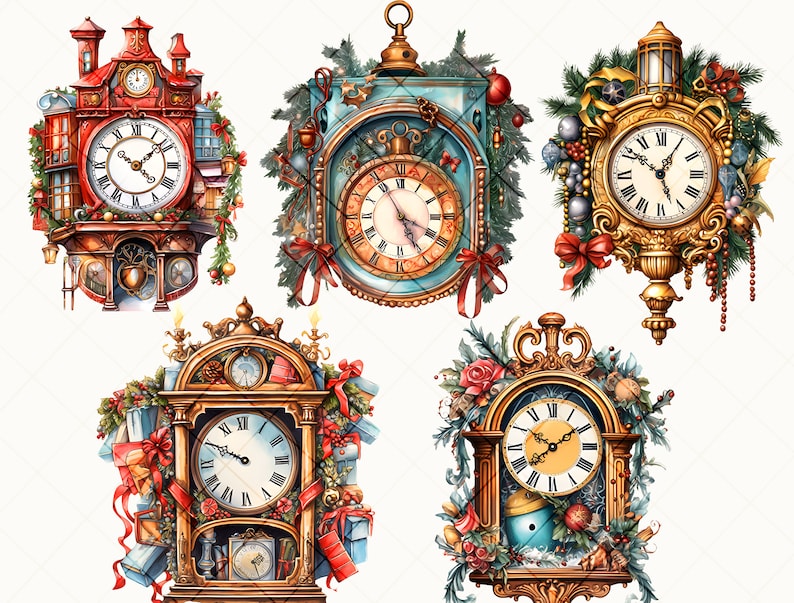 14 Christmas Clocks Clipart, Watercolor Clocks Art, Winter Gift Art ...