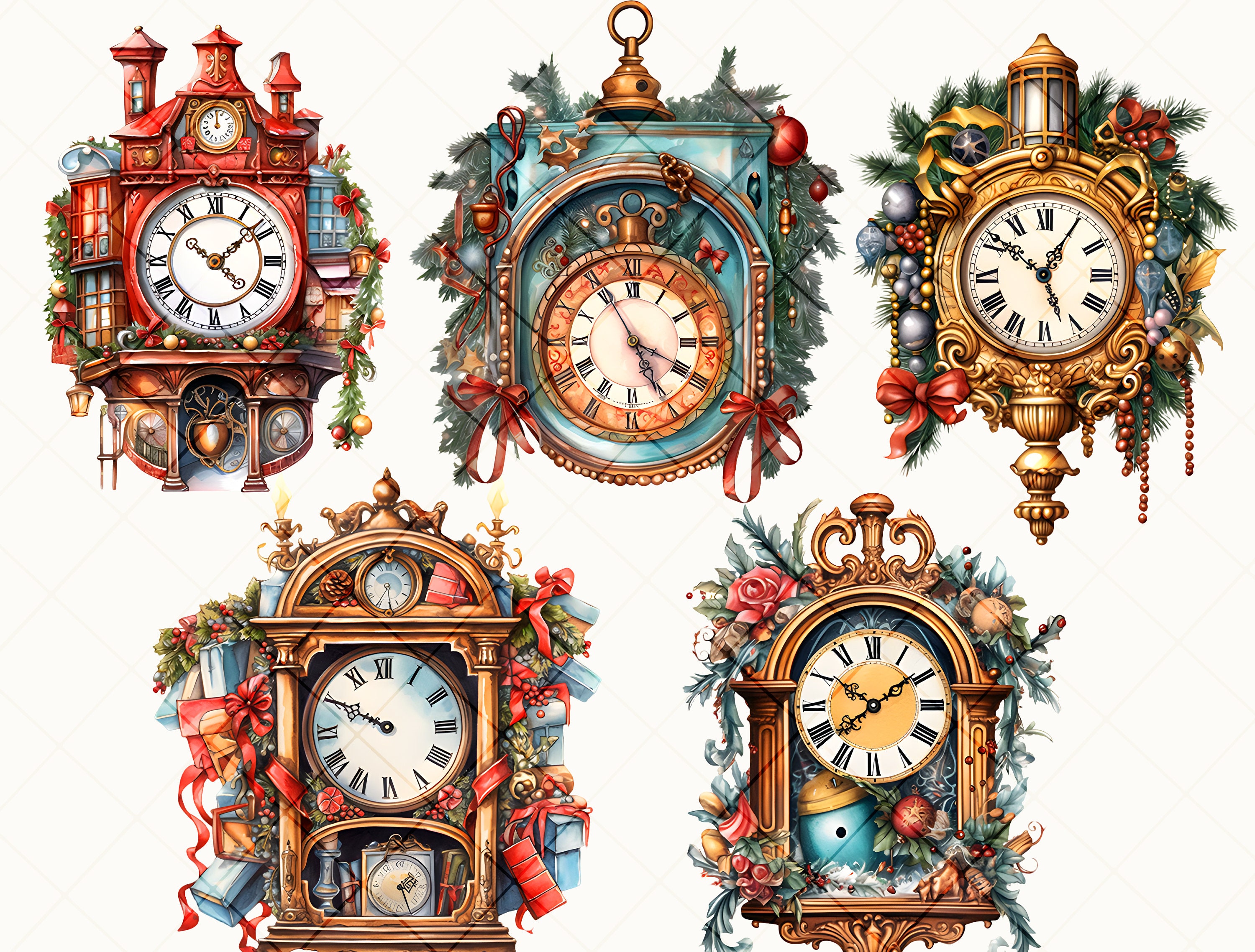 14 Christmas Clocks Clipart, Watercolor Clocks Art, Winter Gift Art ...