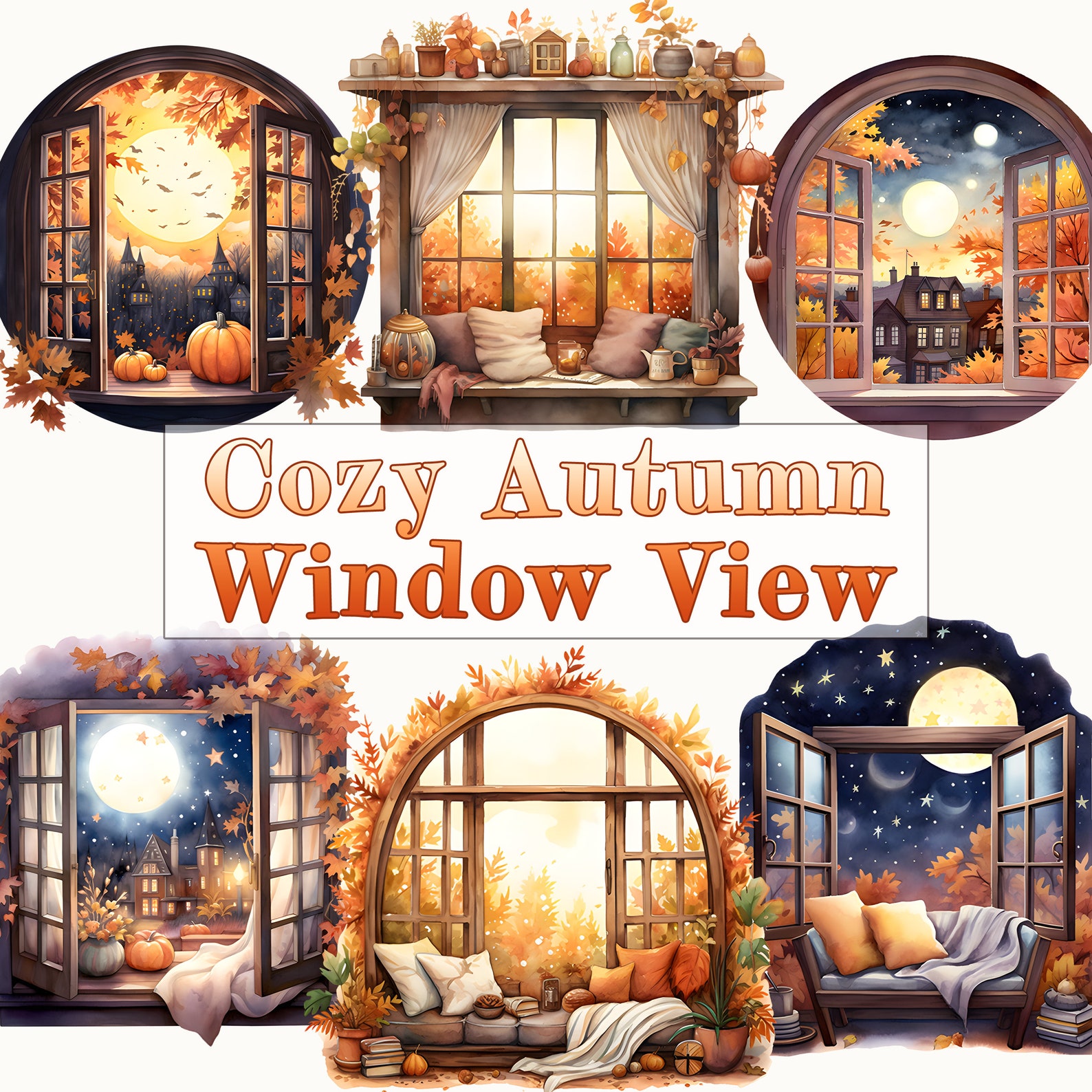 15 Cozy Autumn Window View Clipart Watercolor Fall Art - Etsy