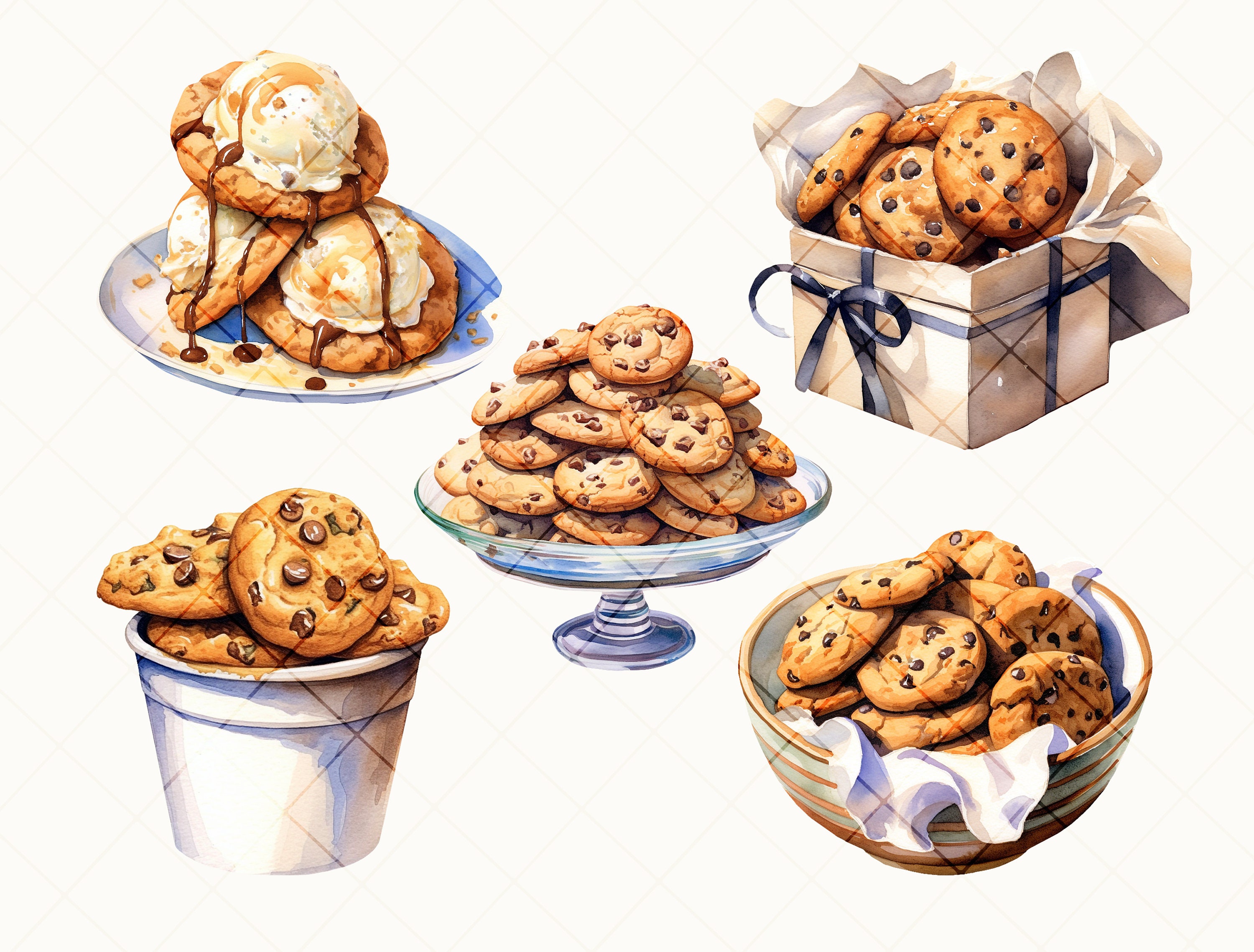 10 Chocolate Chip Cookies Clipart, Watercolor Cookies, Cookie Art ...