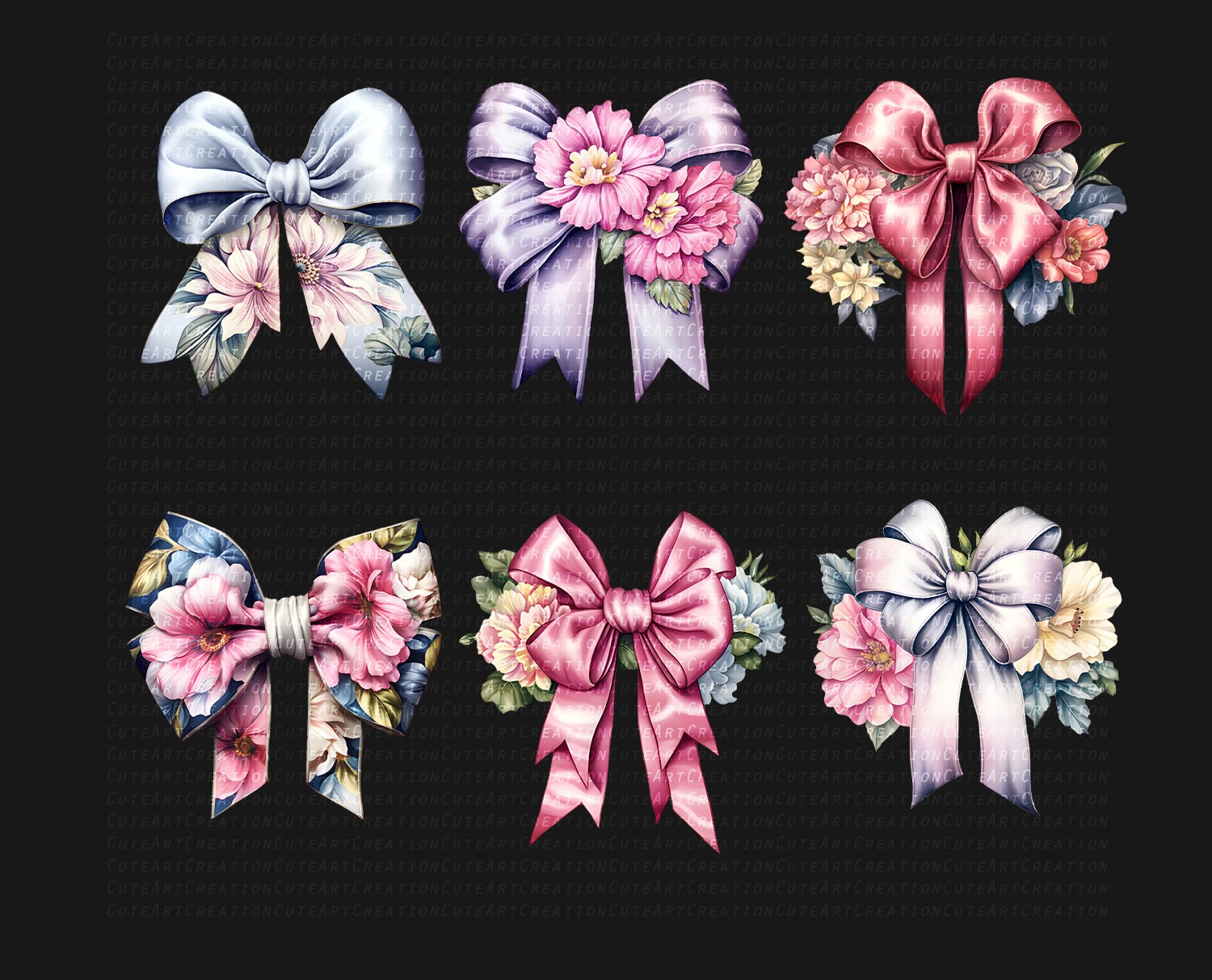 12 Flower Bows Clipart, Watercolor Bows, Vintage Flower Art, Digital ...