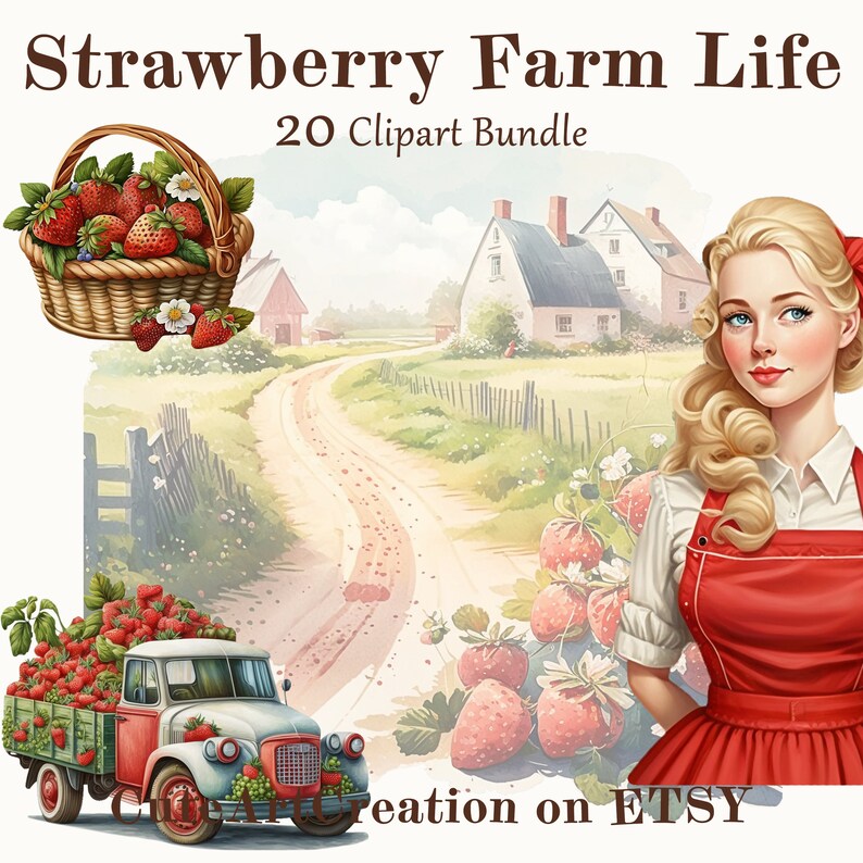 20 Strawberry Farm Life Clipart, Watercolor Strawberries, Digital Art ...