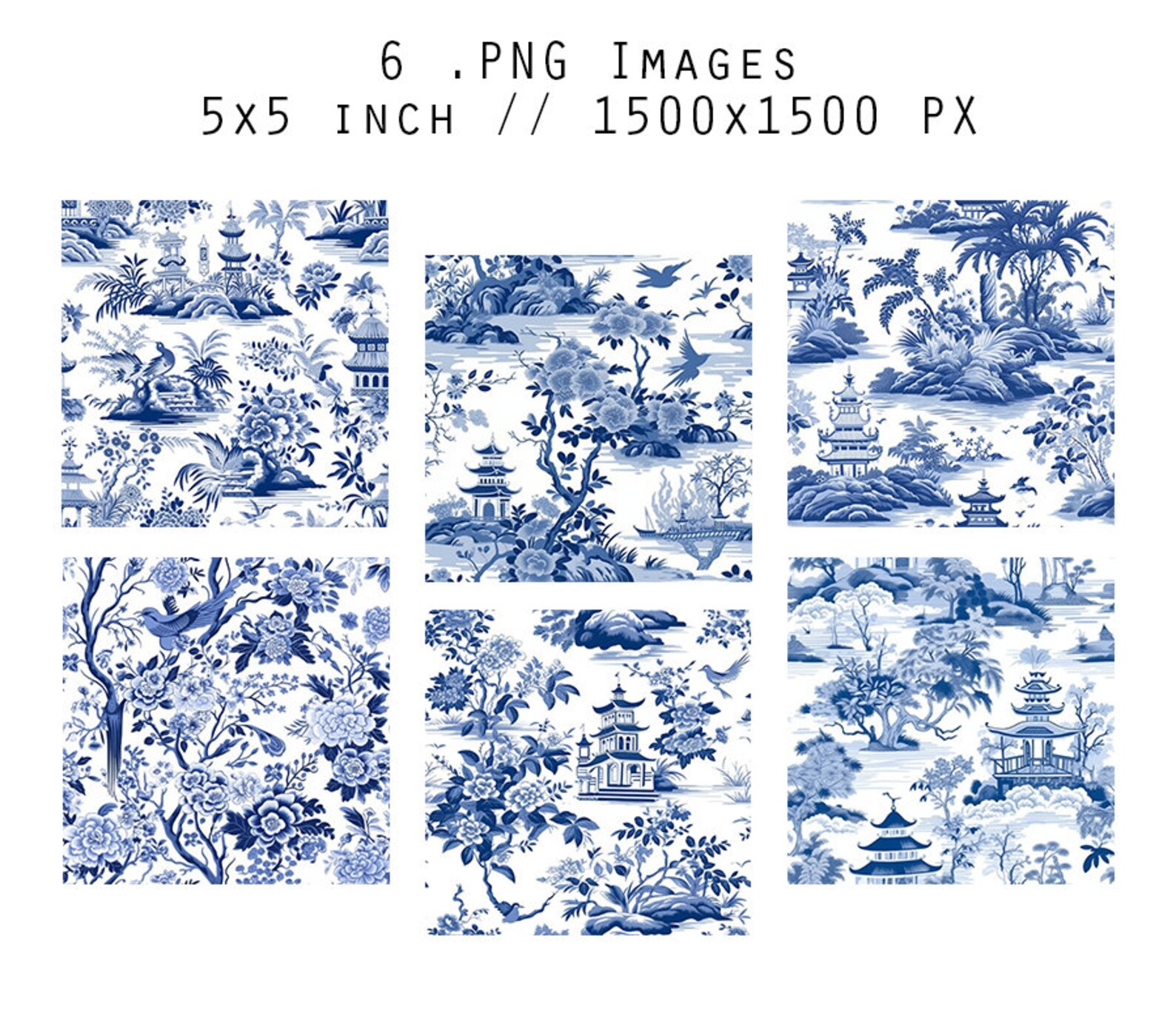 Chinoiserie Digital Paper, Chinoiserie Seamless Pattern, White Blue ...