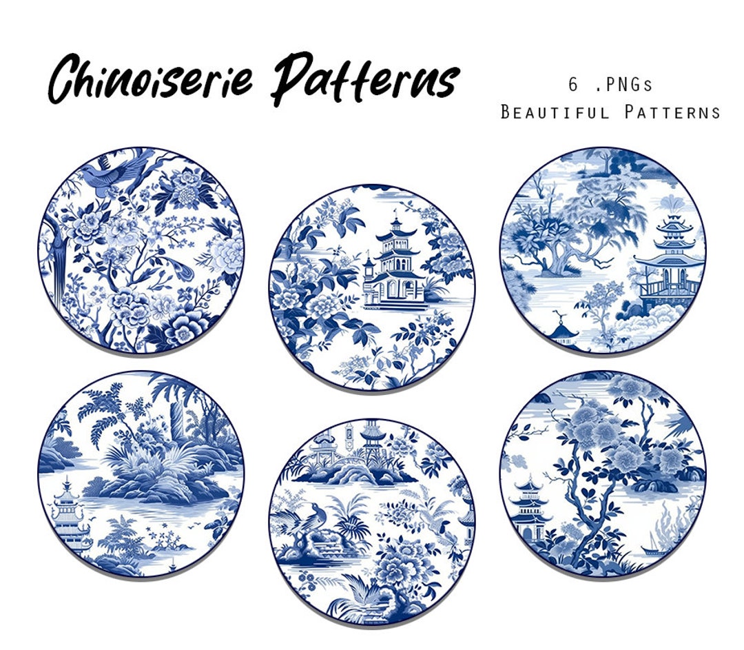 Chinoiserie Digital Paper, Chinoiserie Seamless Pattern, White Blue ...