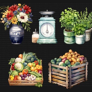 30 Country Style Kitchen Clipart, Watercolor, Vintage Farm Cooking ...