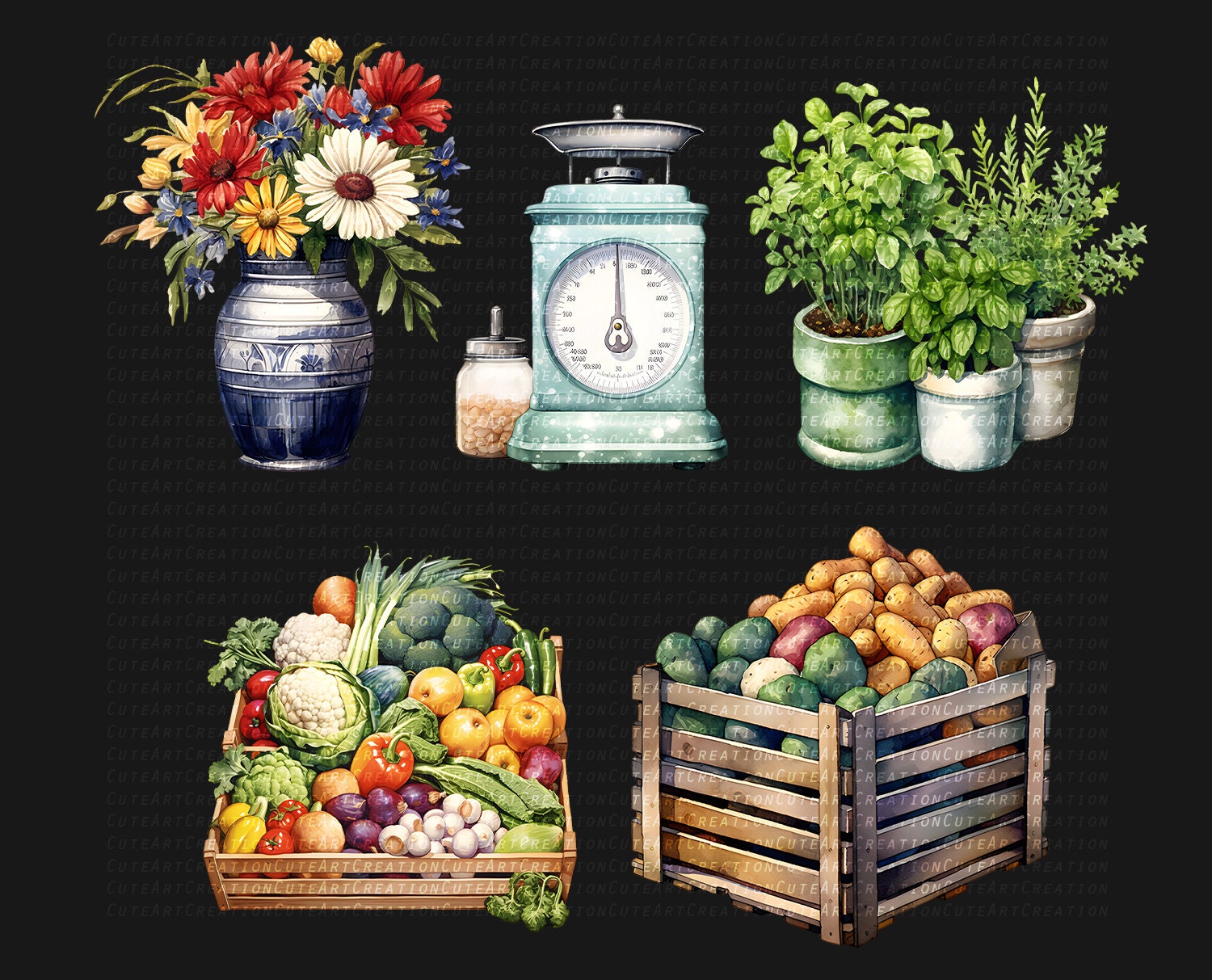 30 Country Style Kitchen Clipart, Watercolor, Vintage Farm Cooking ...