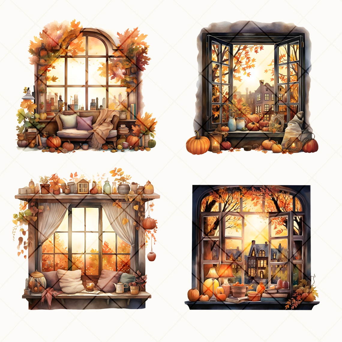 15 Cozy Autumn Window View Clipart Watercolor Fall Art - Etsy