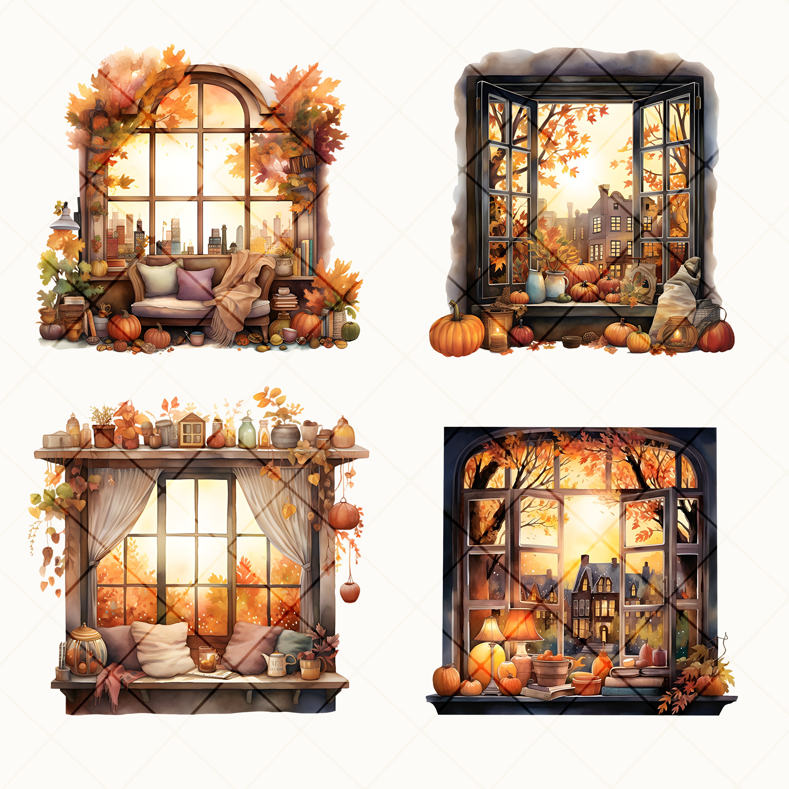 15 Cozy Autumn Window View Clipart, Watercolor Fall Art, Quality Art ...