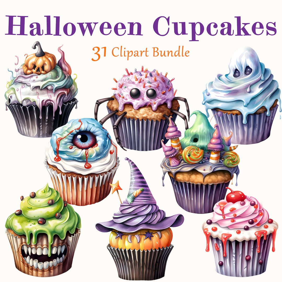 31 Halloween Cupcake Clipart, Watercolor Cupcakes, Halloween Art ...