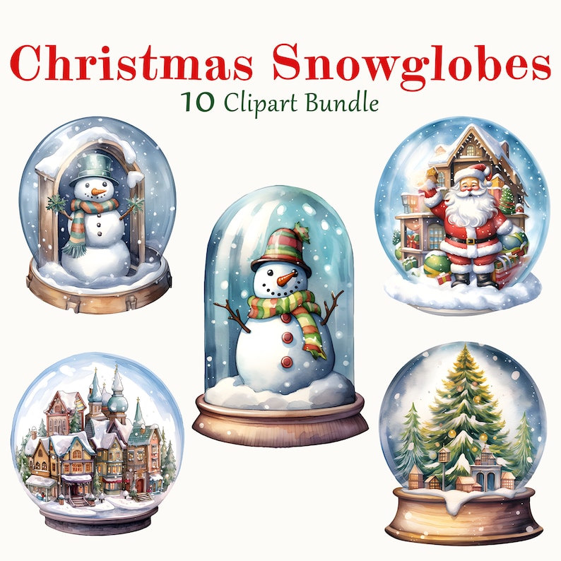 10 Christmas Snowglobes Clipart, Watercolor Art, Quality Winter Art ...