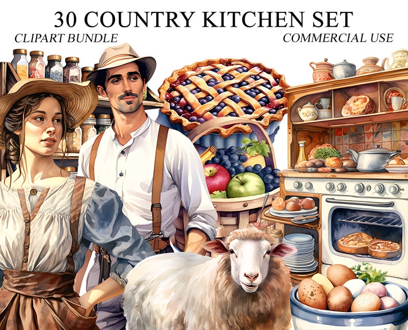 30 Country Style Kitchen Clipart Watercolor Vintage Farm - Etsy