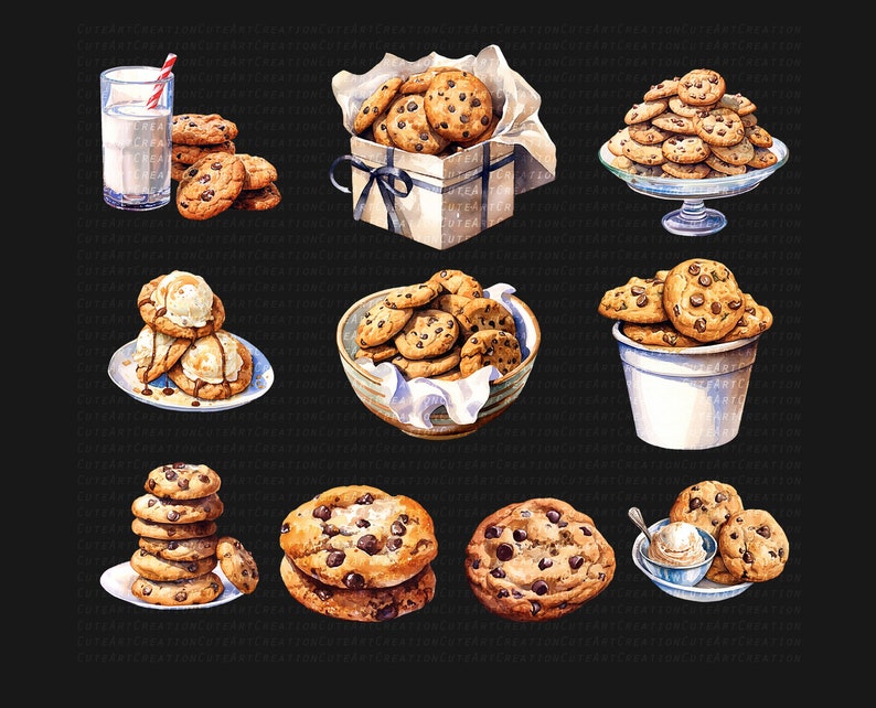 10 Chocolate Chip Cookies Clipart Watercolor Cookies Cookie - Etsy