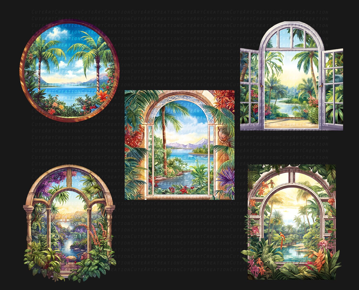 10 Tropical Paradise Window View Clipart, Watercolor Window, Clipart ...