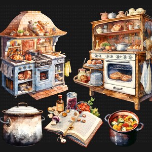 30 Country Style Kitchen Clipart, Watercolor, Vintage Farm Cooking ...