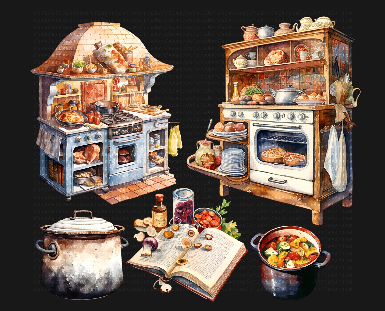 30 Country Style Kitchen Clipart, Watercolor, Vintage Farm Cooking ...