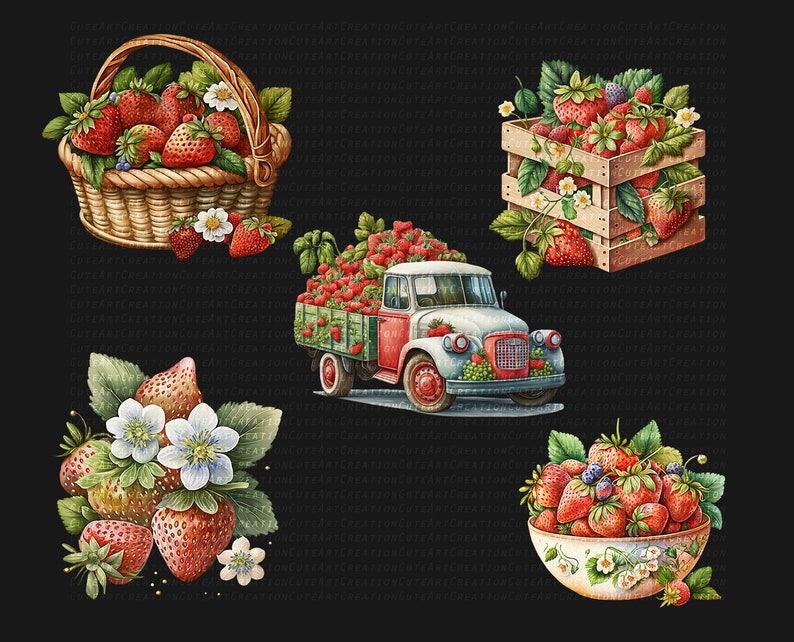 20 Strawberry Farm Life Clipart, Watercolor Strawberries, Digital Art ...