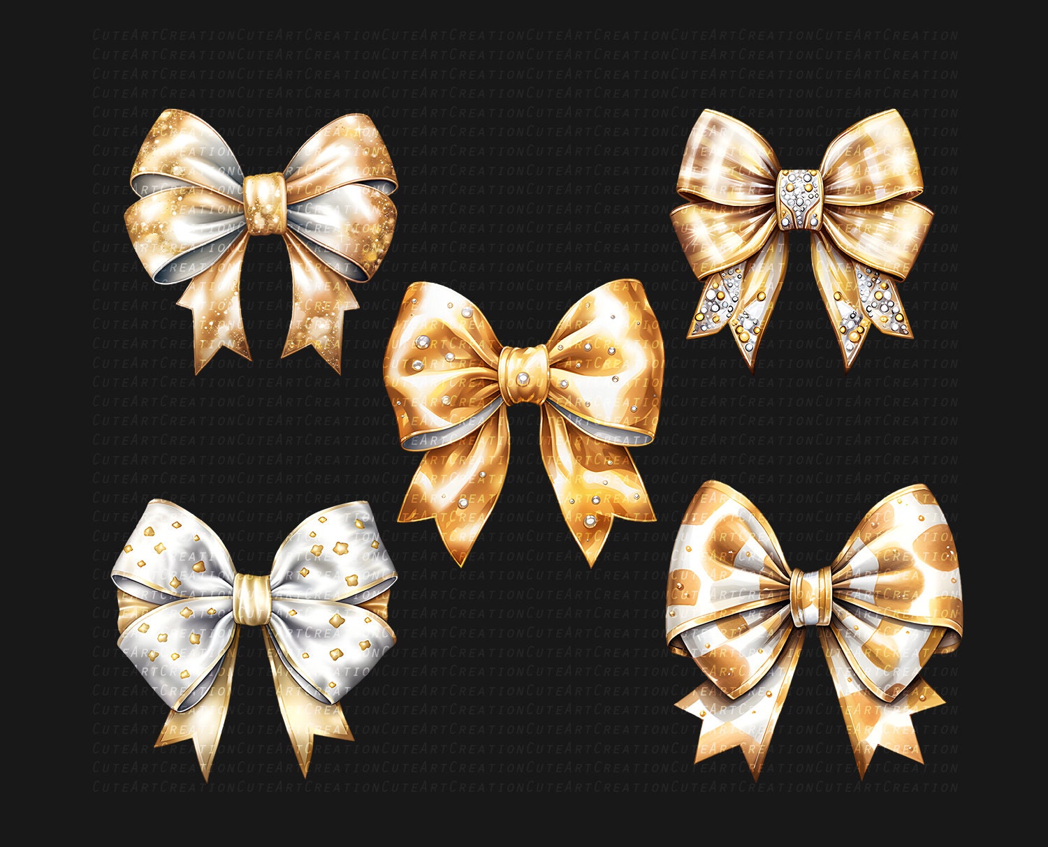10 White Gold Bows Clipart, Watercolor Bows, White Gold Bows Art ...