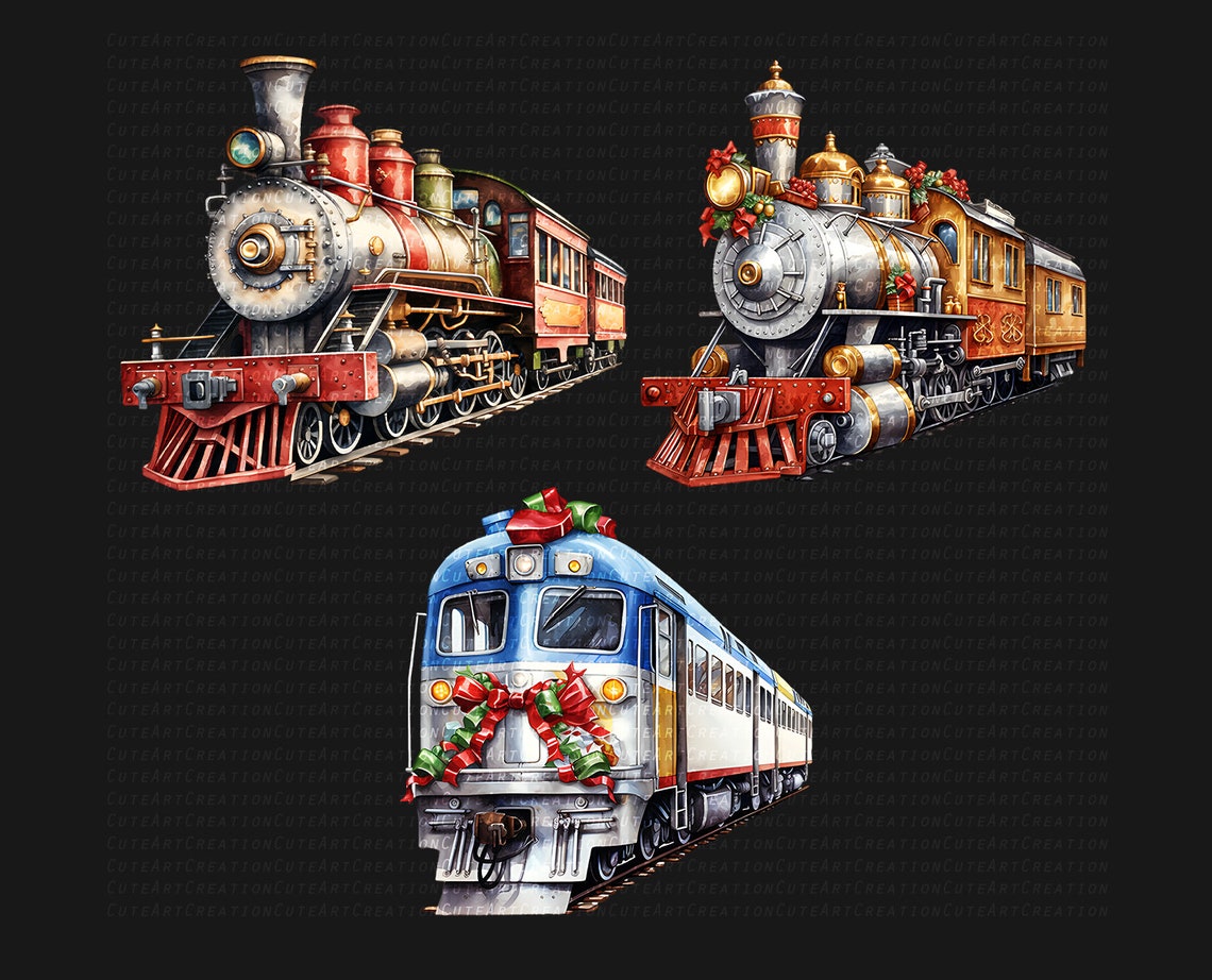 7 Christmas Trains Clipart, Watercolor Train Art, Quality Winter Art ...