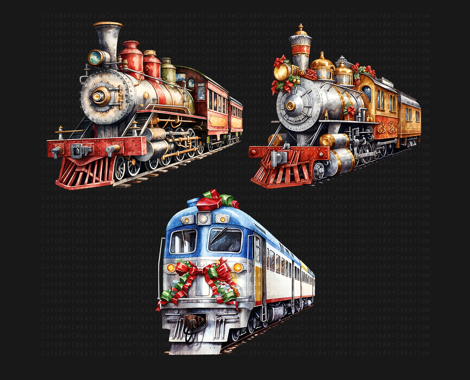 7 Christmas Trains Clipart, Watercolor Train Art, Quality Winter Art ...