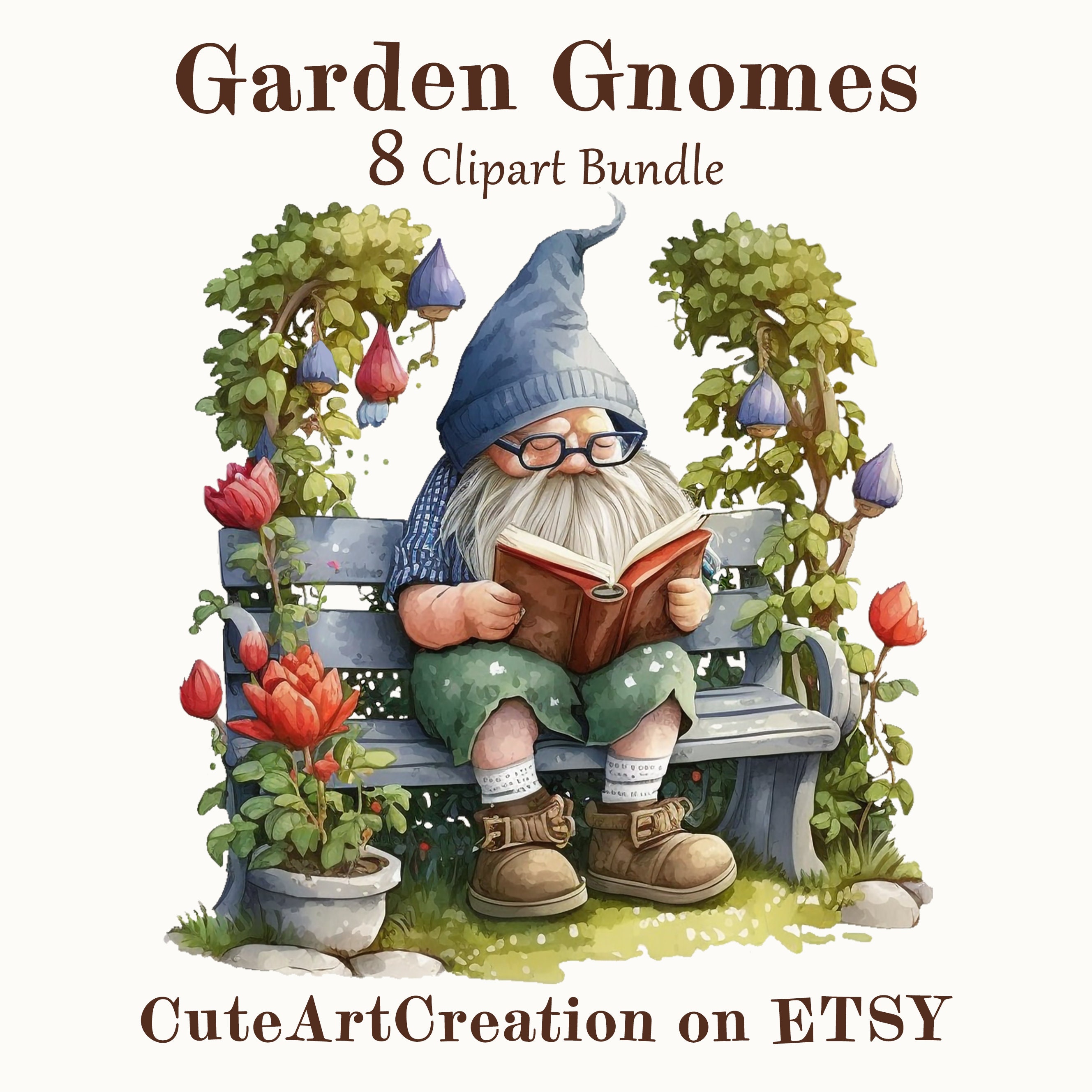 8 Garden Gnome Clipart, Watercolor Gnomes, Quality Garden Gnomes Art ...
