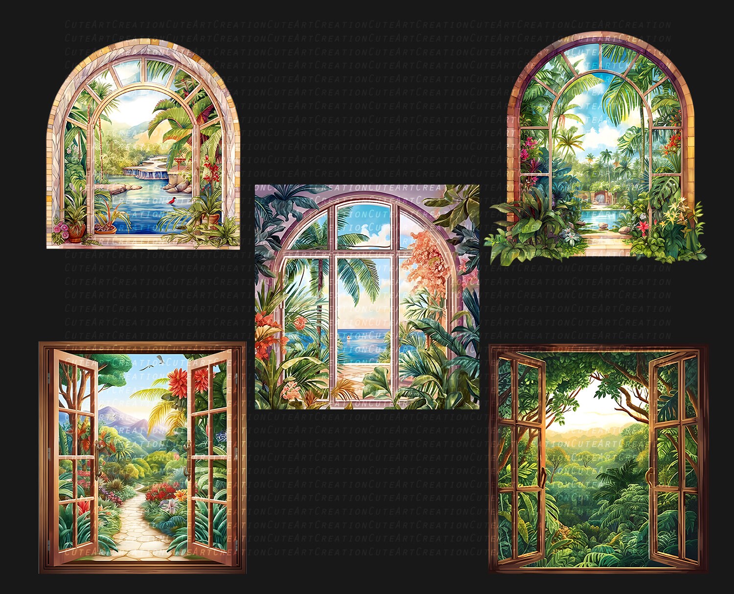 10 Tropical Paradise Window View Clipart, Watercolor Window, Clipart ...