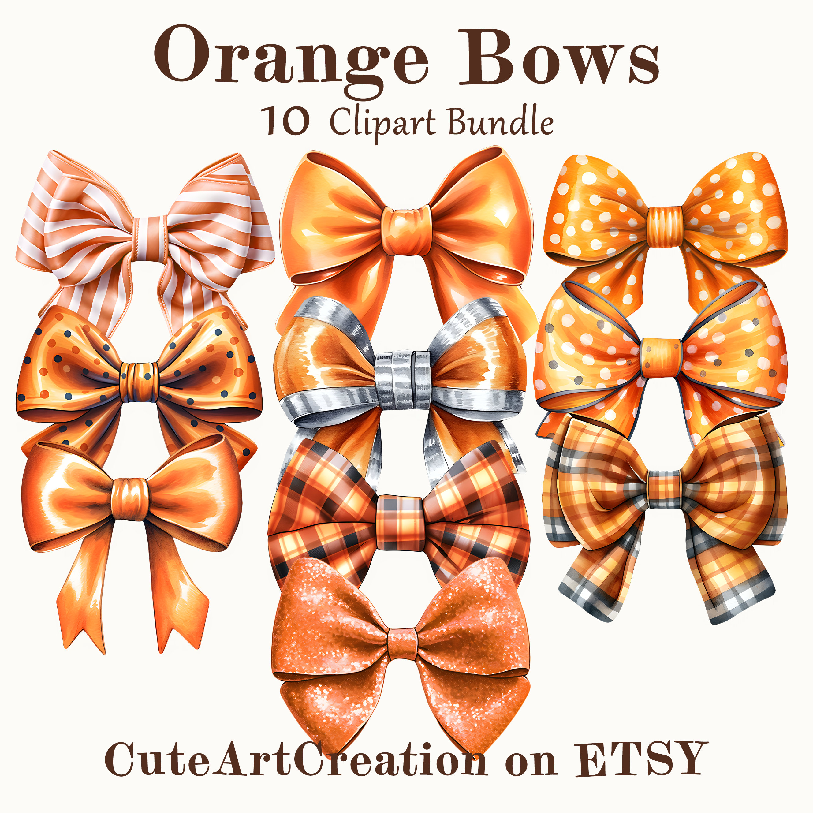 10 Orange Bow Clipart, Watercolor Bows, High Quality Orange Bow Art ...