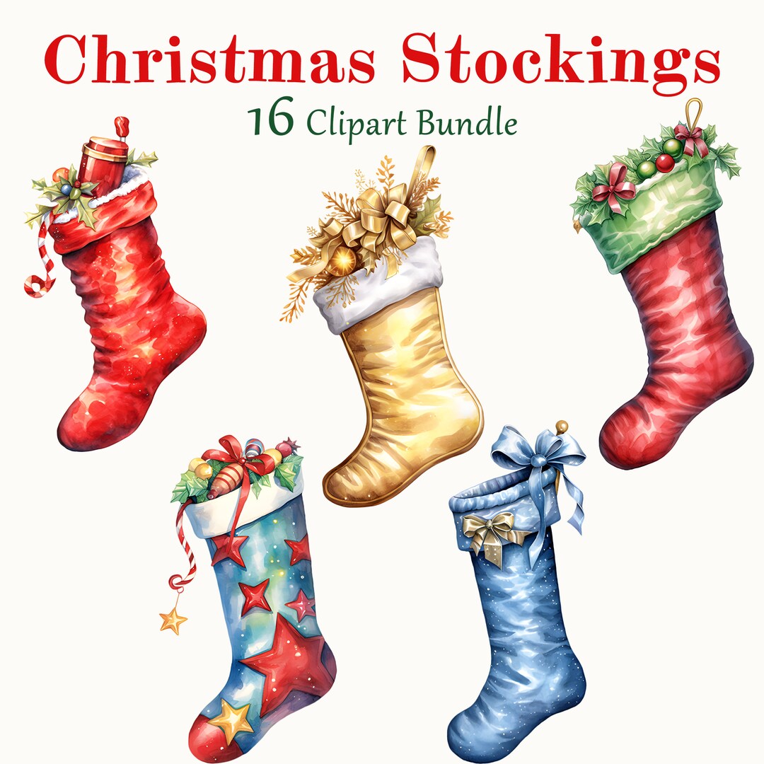 16 Christmas Stockings Clipart, Watercolor Stockings Art, Winter Art ...