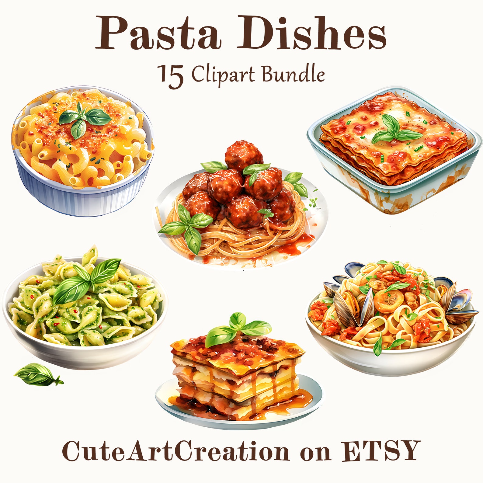 15 Pasta Dishes Clipart, Watercolor Pasta, Pasta Art, Italian Dishes ...