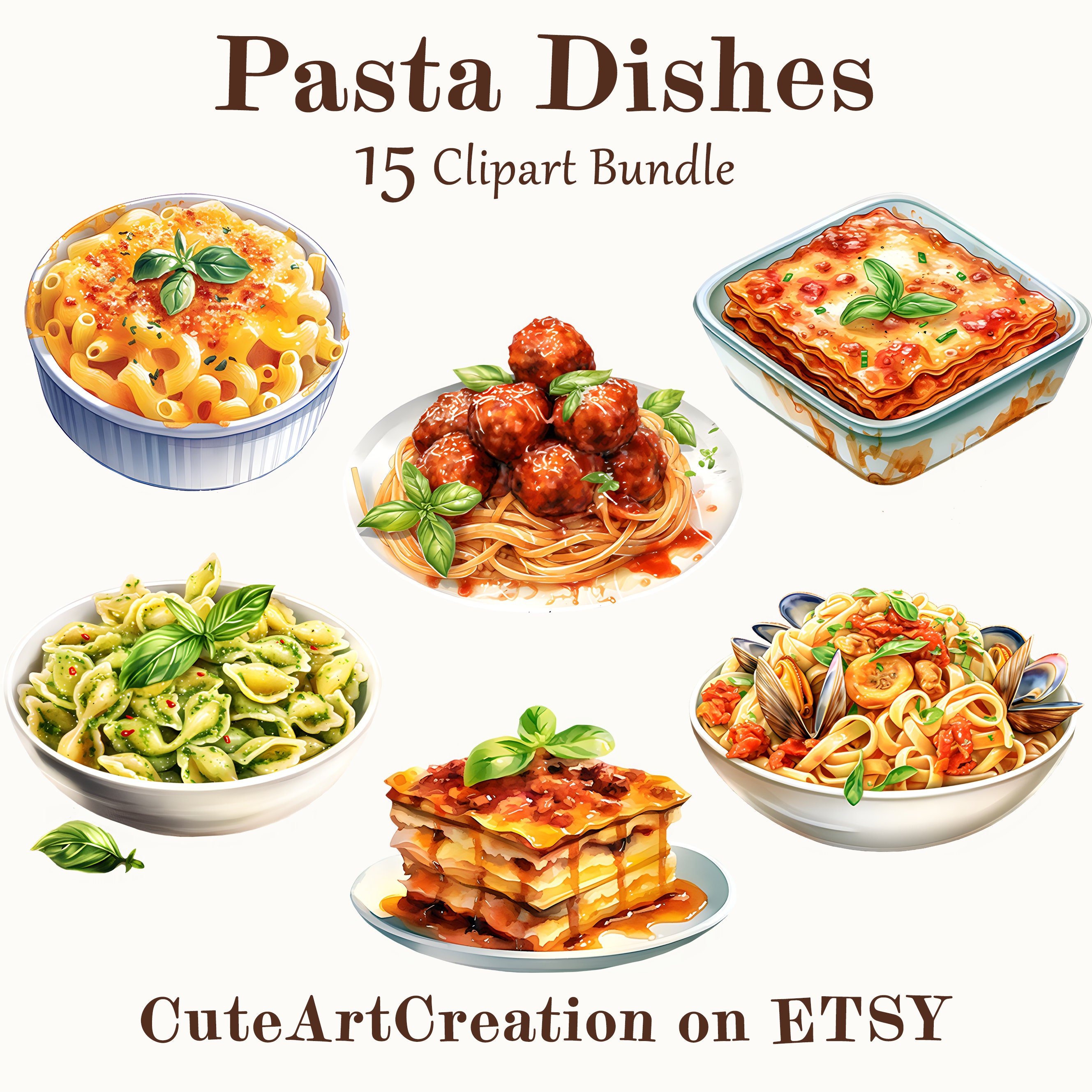 15 Pasta Dishes Clipart, Watercolor Pasta, Pasta Art, Italian Dishes ...