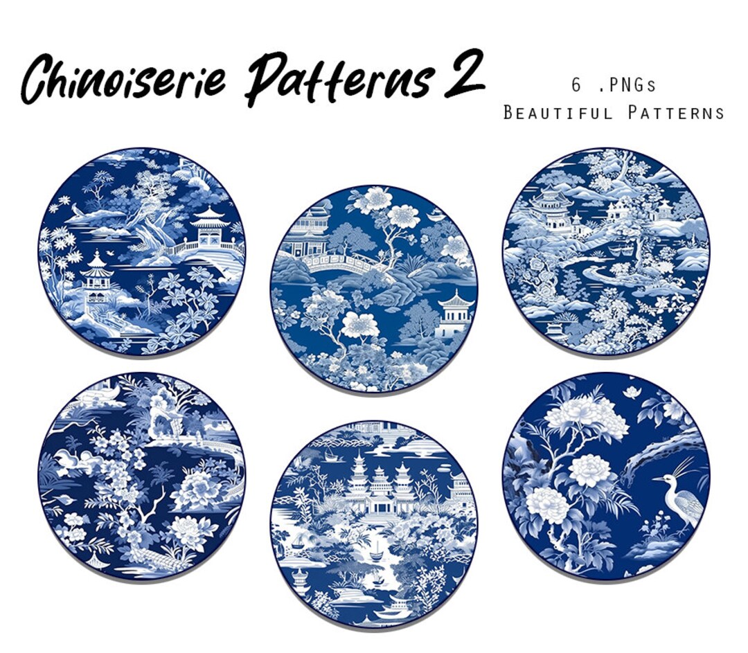 Chinoiserie Digital Paper, Chinoiserie Seamless Pattern, White Blue ...
