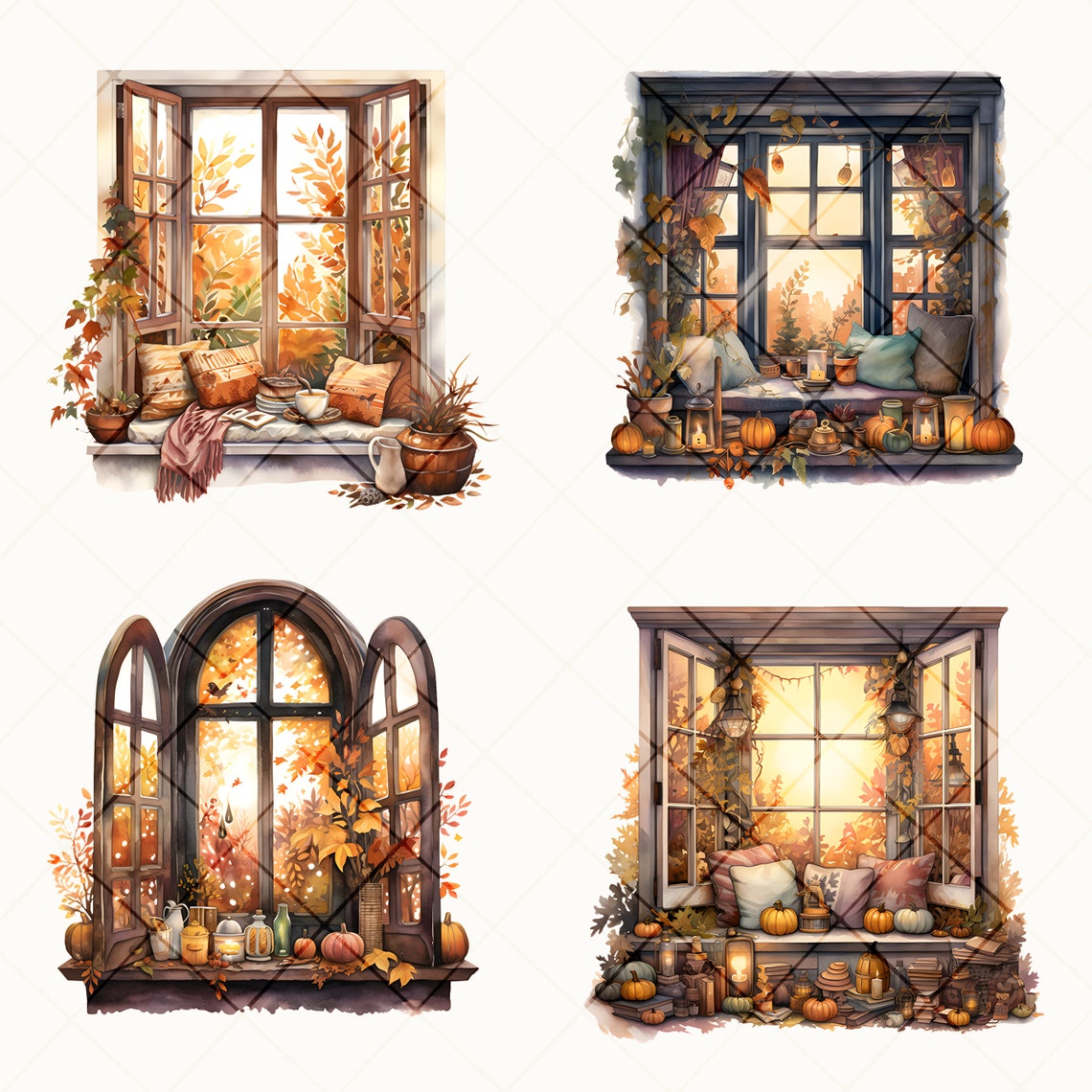15 Cozy Autumn Window View Clipart, Watercolor Fall Art, Quality Art ...