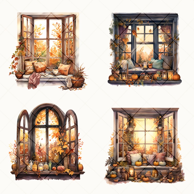 15 Cozy Autumn Window View Clipart, Watercolor Fall Art, Quality Art ...
