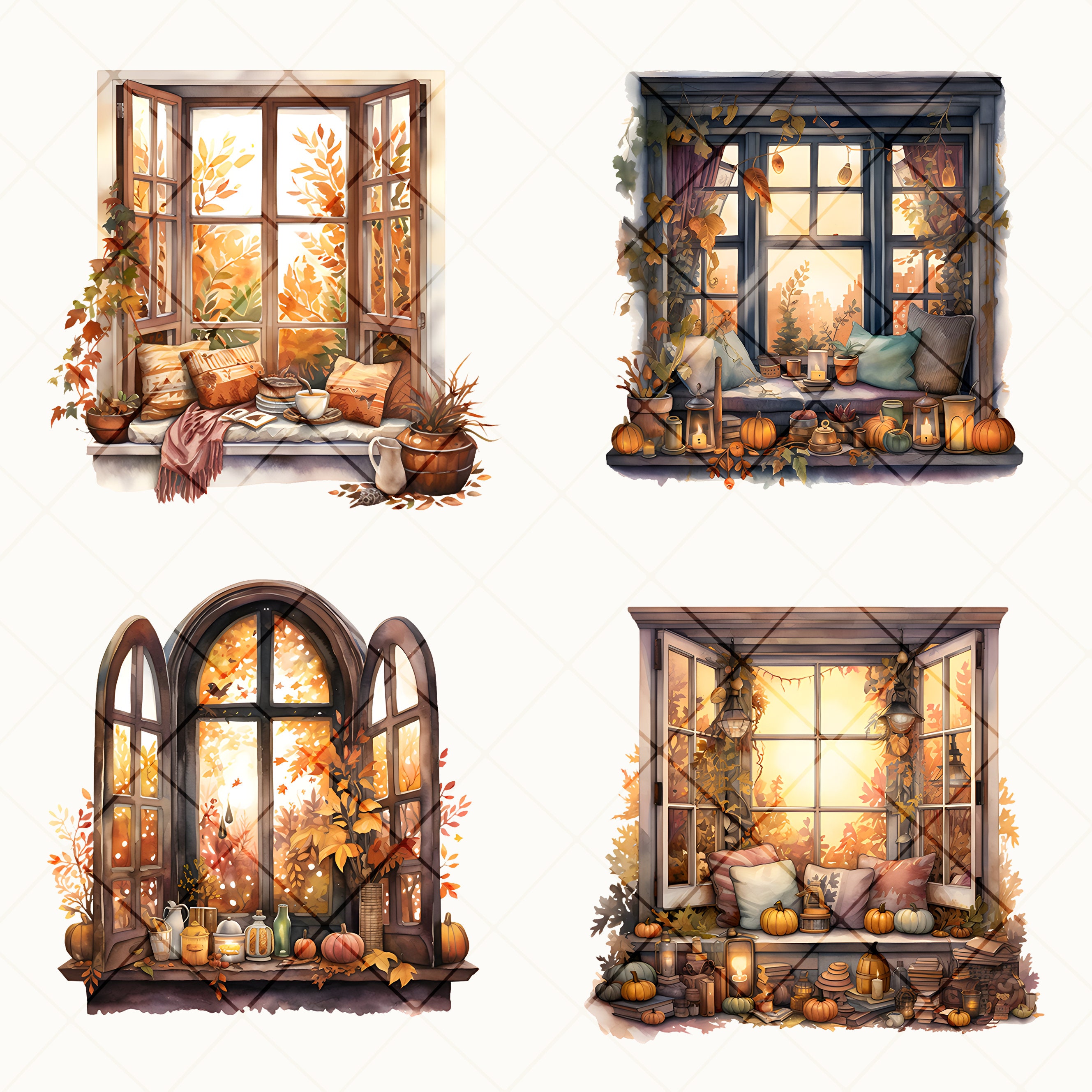 15 Cozy Autumn Window View Clipart, Watercolor Fall Art, Quality Art ...