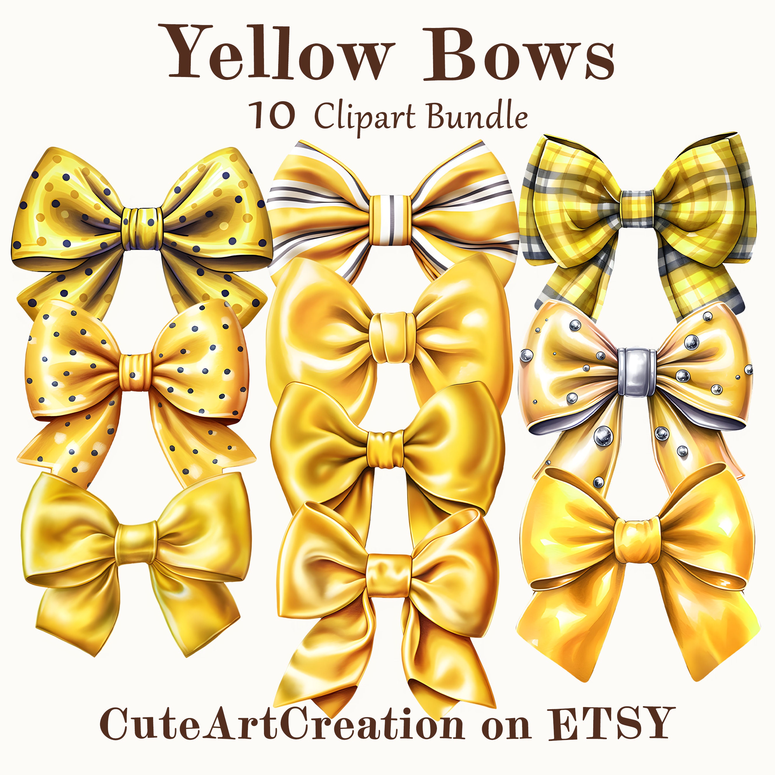 10 Yellow Bow Clipart, Watercolor Bows, High Quality Yellow Bow Art ...