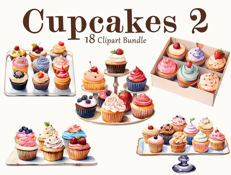 18 Cupcakes Clipart Watercolor Cupcakes Variety Cupcake Art - Etsy