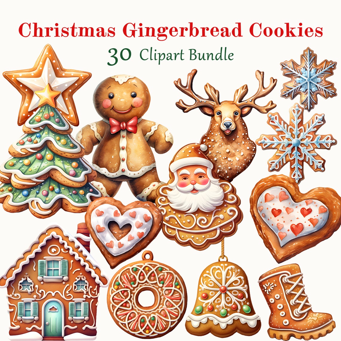 30 Christmas Gingerbread Cookies Clipart, Watercolor Art, Winter ...