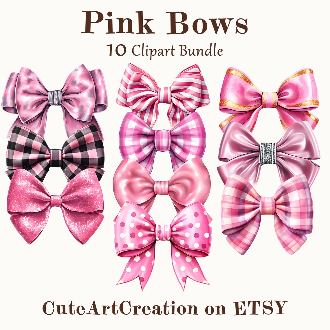 10 Pink Bow Clipart, Watercolor Bows, High Quality Pink Bow Art ...