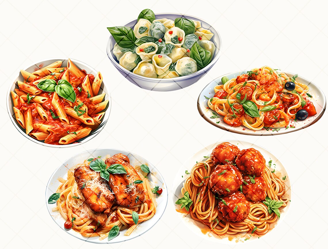 15 Pasta Dishes Clipart, Watercolor Pasta, Pasta Art, Italian Dishes ...