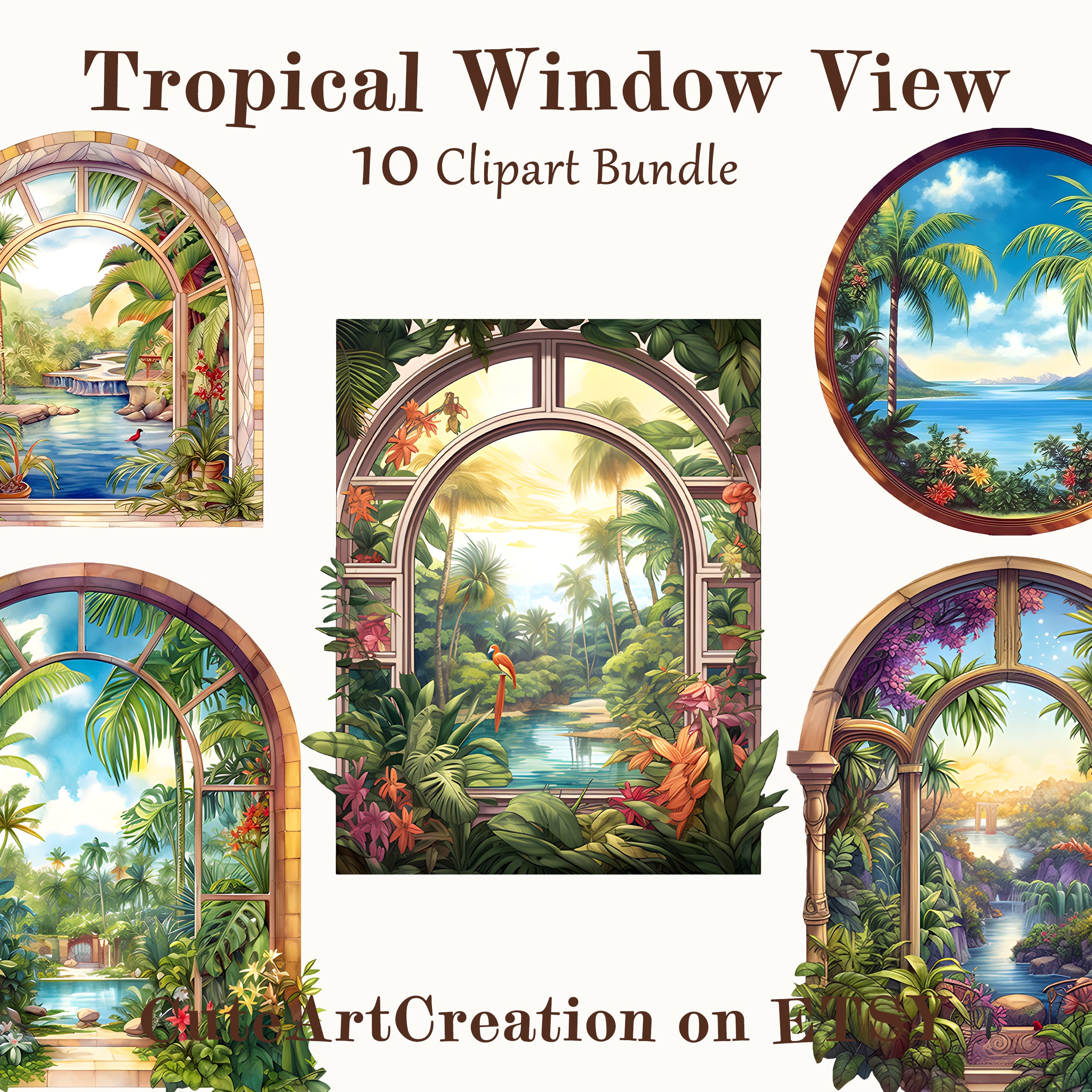 10 Tropical Paradise Window View Clipart, Watercolor Window, Clipart ...