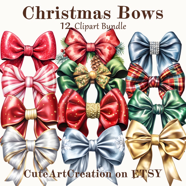 12 Christmas Bows Clipart, Watercolor Bows, Quality Pattern Bow Art ...