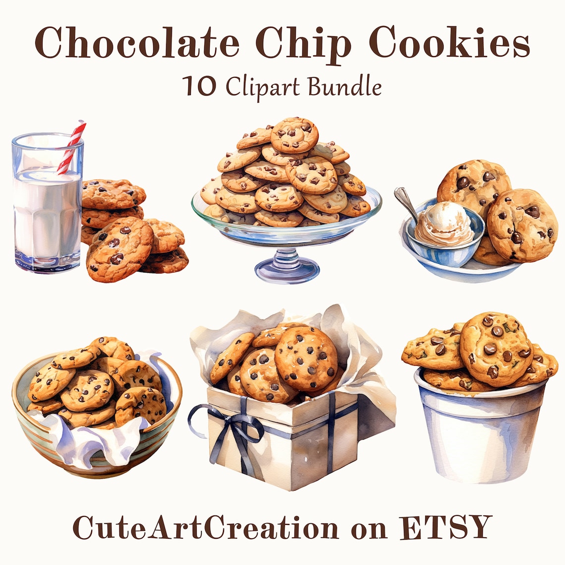 10 Chocolate Chip Cookies Clipart, Watercolor Cookies, Cookie Art ...