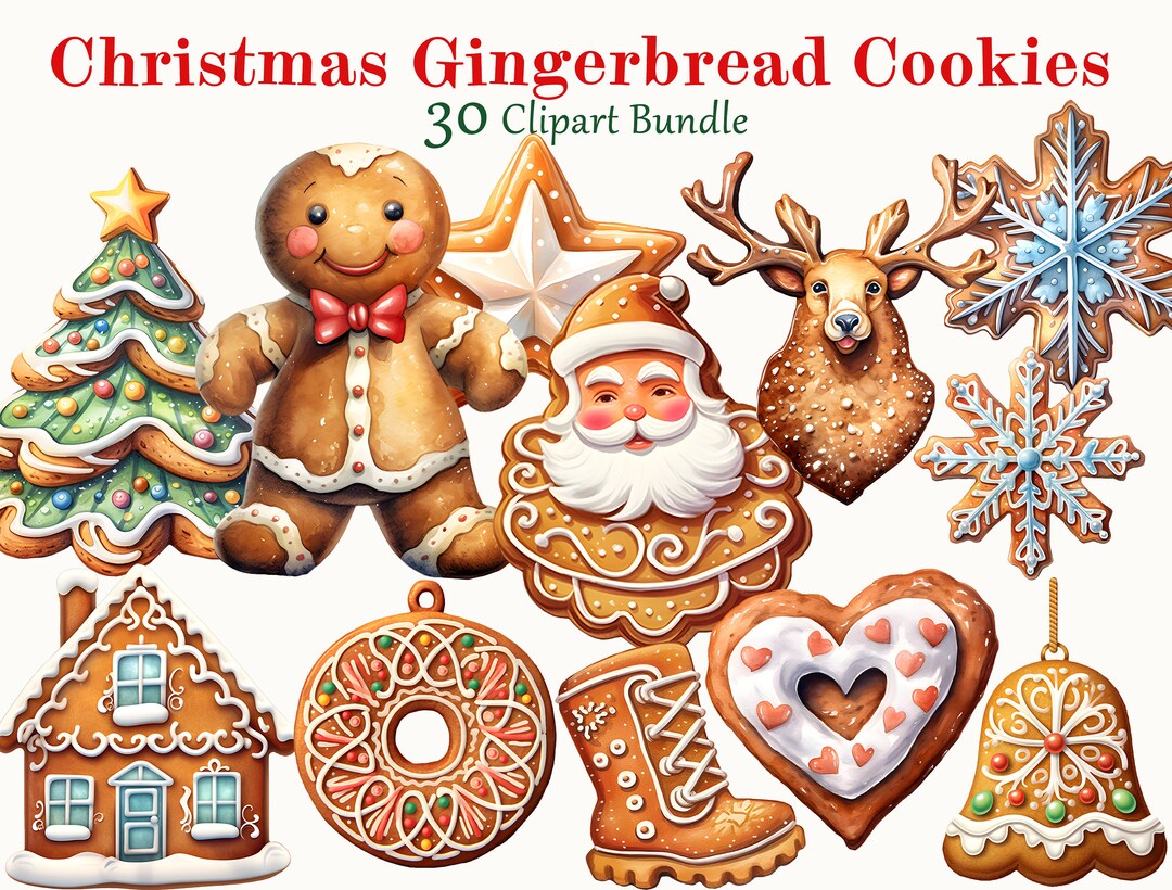 30 Christmas Gingerbread Cookies Clipart Watercolor Art - Etsy