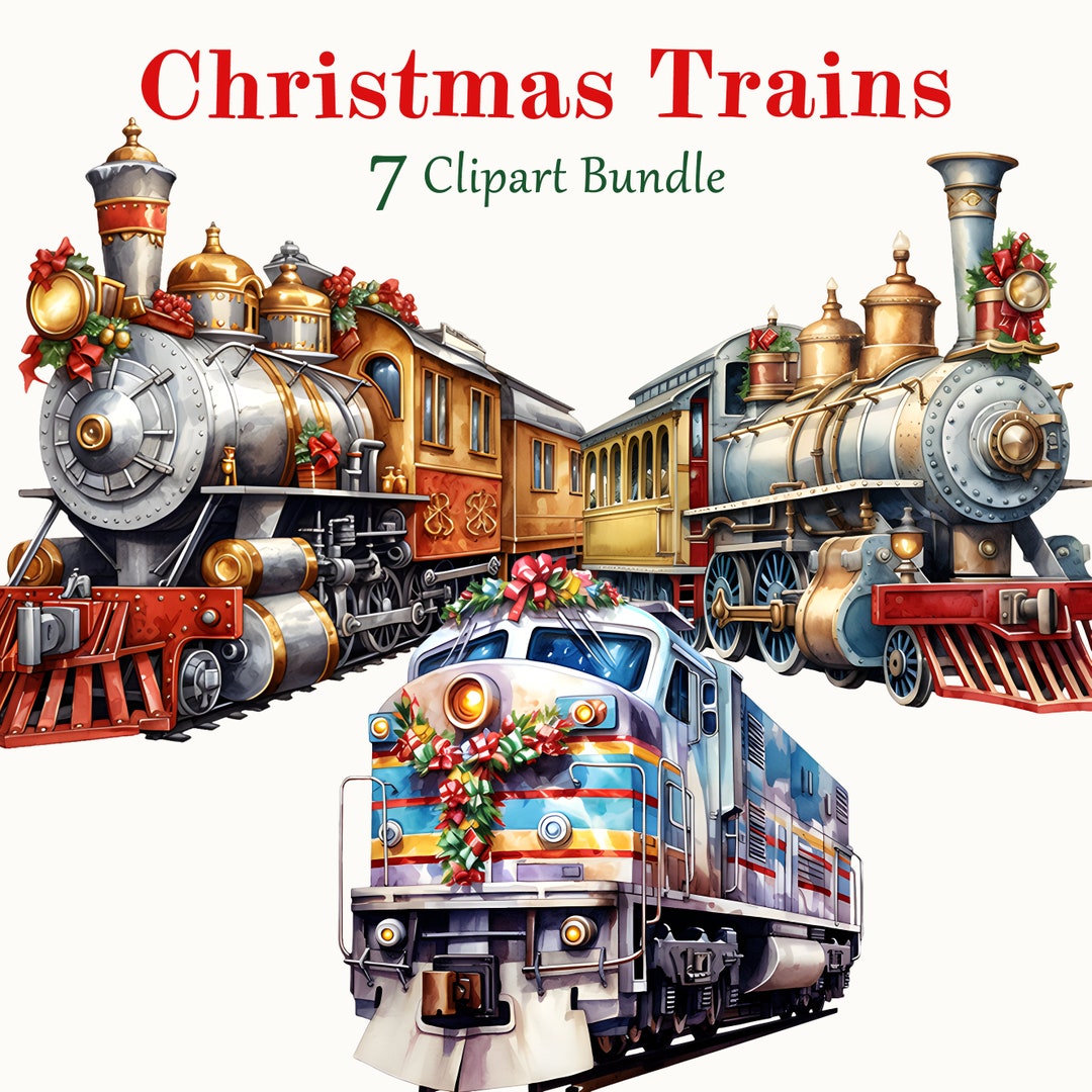 7 Christmas Trains Clipart, Watercolor Train Art, Quality Winter Art ...