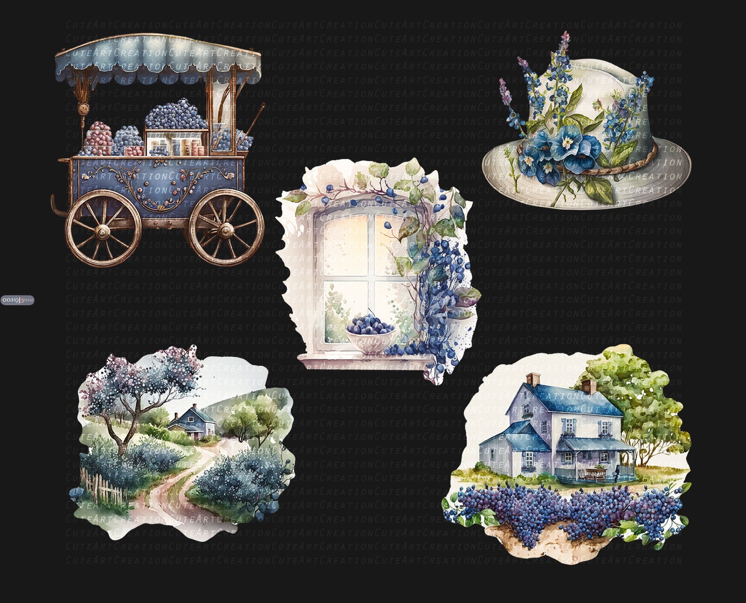 20 Blueberry Farm Life Clipart, Watercolor Blueberries, Berry Art ...