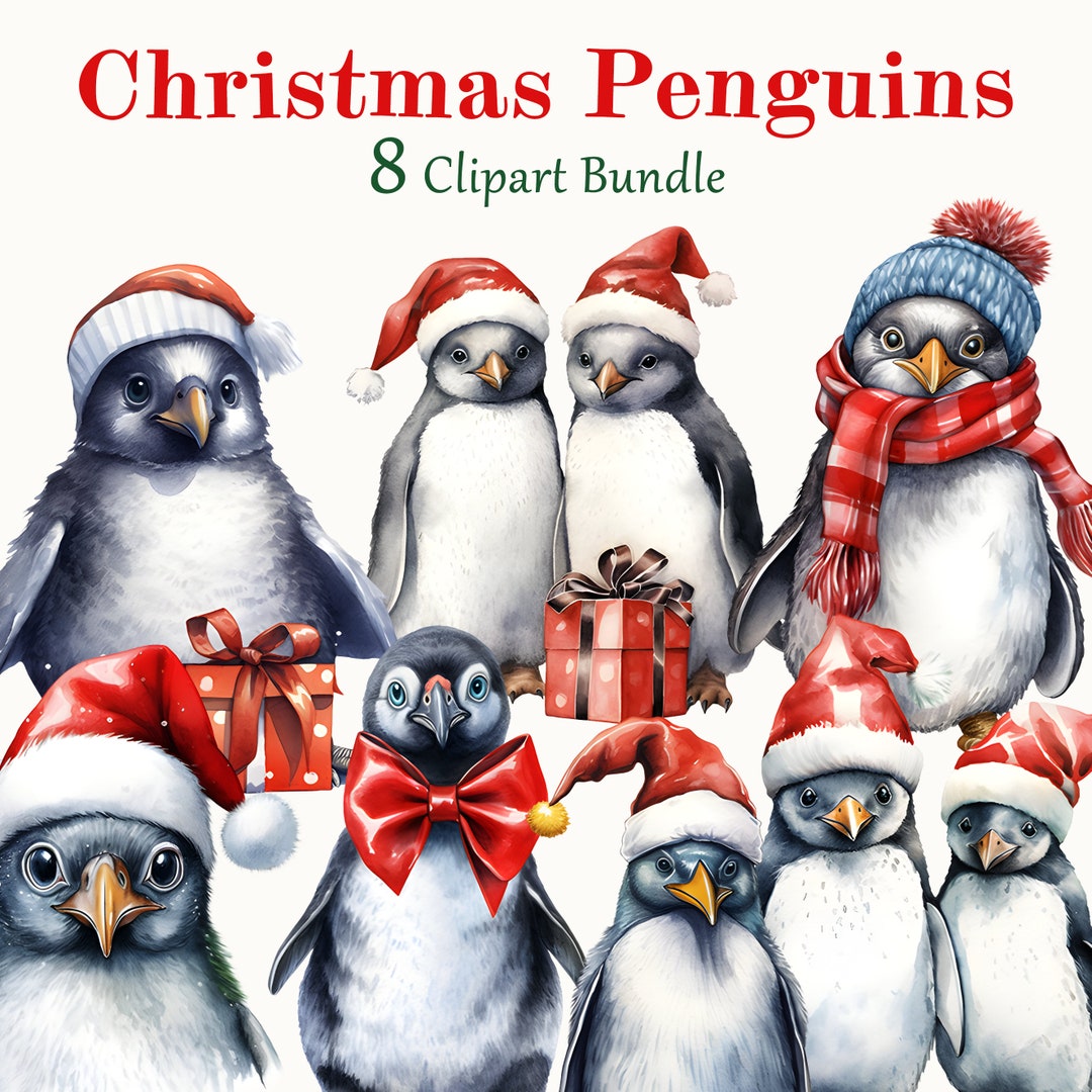 8 Christmas Penguin Clipart, Watercolor Penguins, Quality Winter Art ...