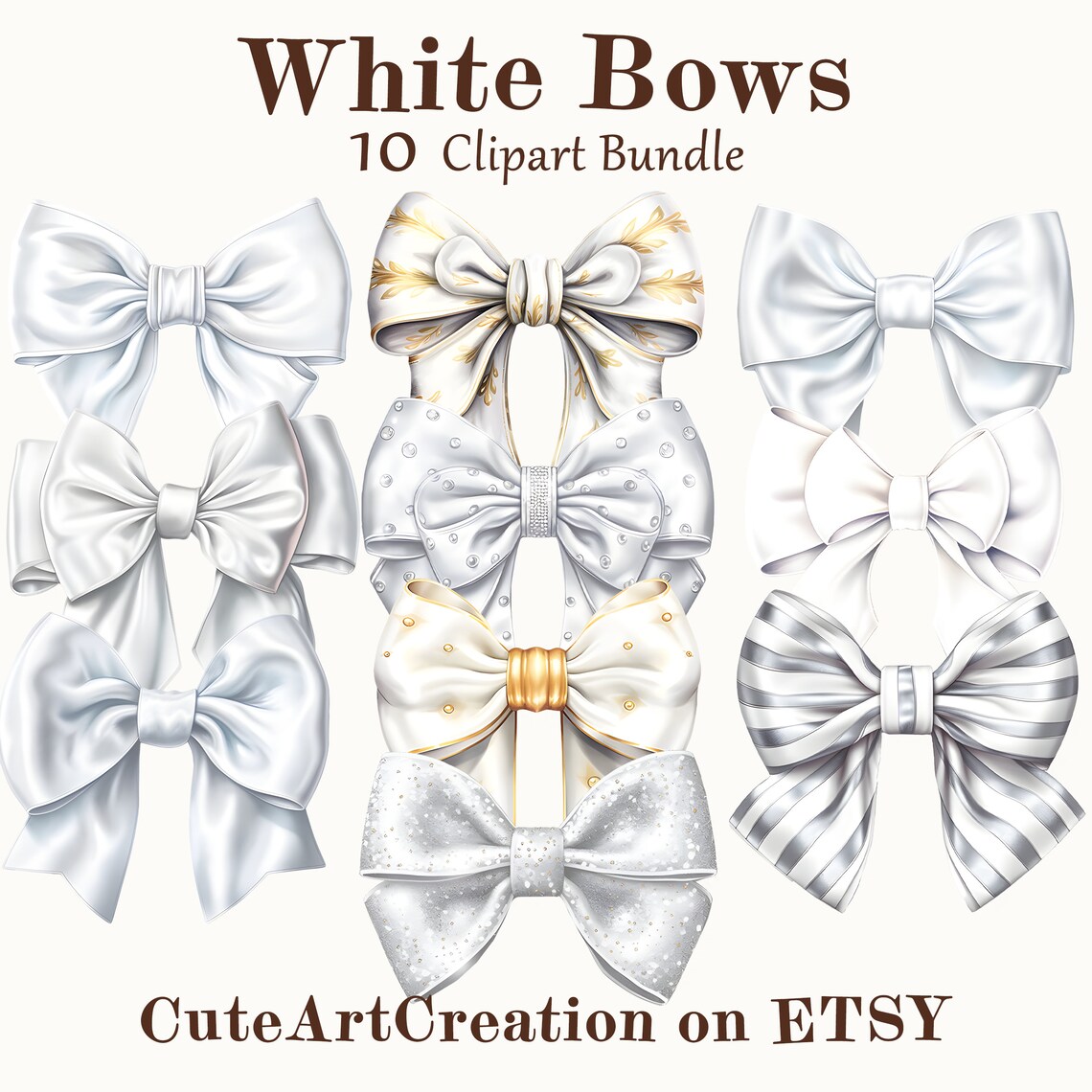 10 White Bow Clipart, Watercolor White Bows, Bows Art, Digital Art ...